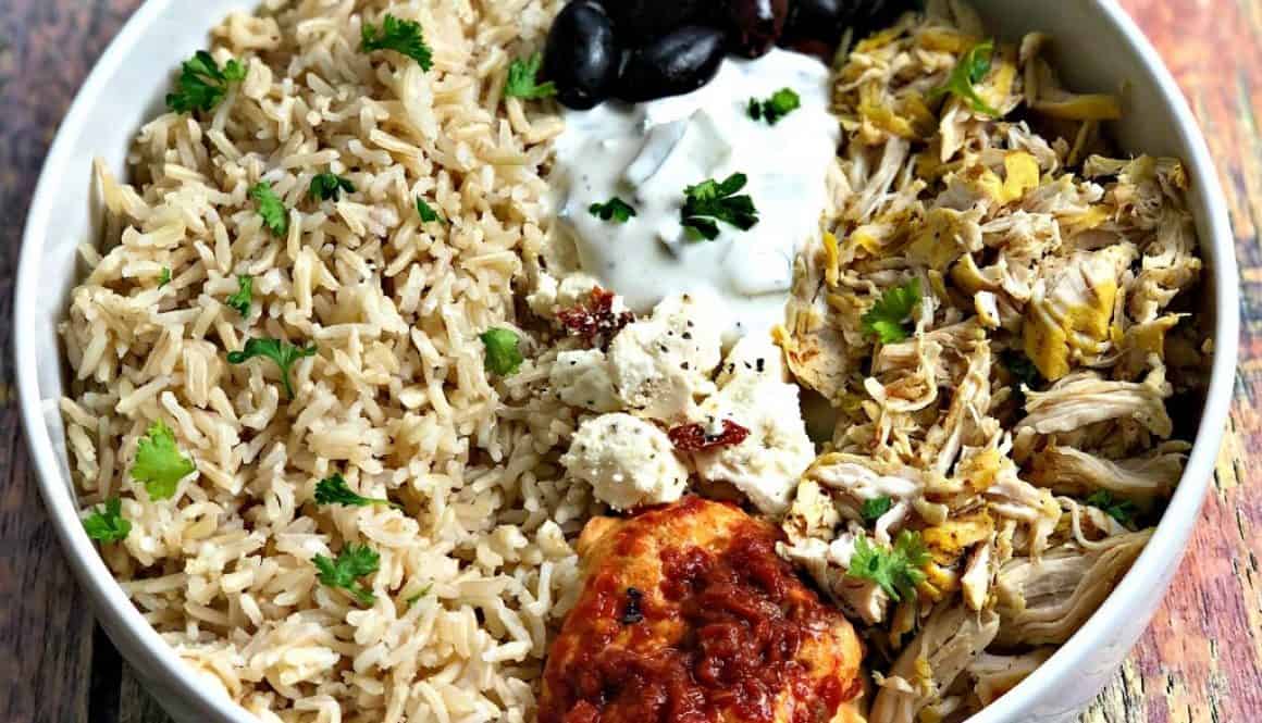 Instant Pot Mediterranean Greek Shredded Chicken and Brown Rice Bowl