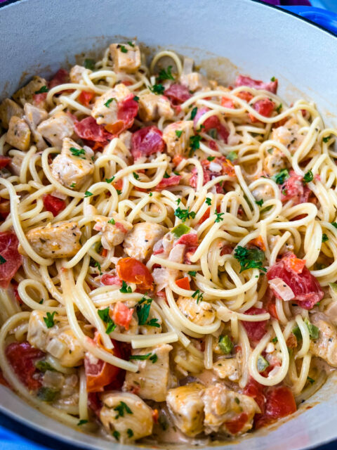 Cheesy Chicken Spaghetti + {VIDEO}